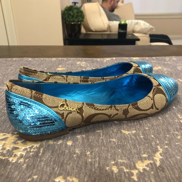 Coach | Shoes | Coach Shine Tan Blue Sequined Flats | Poshmark